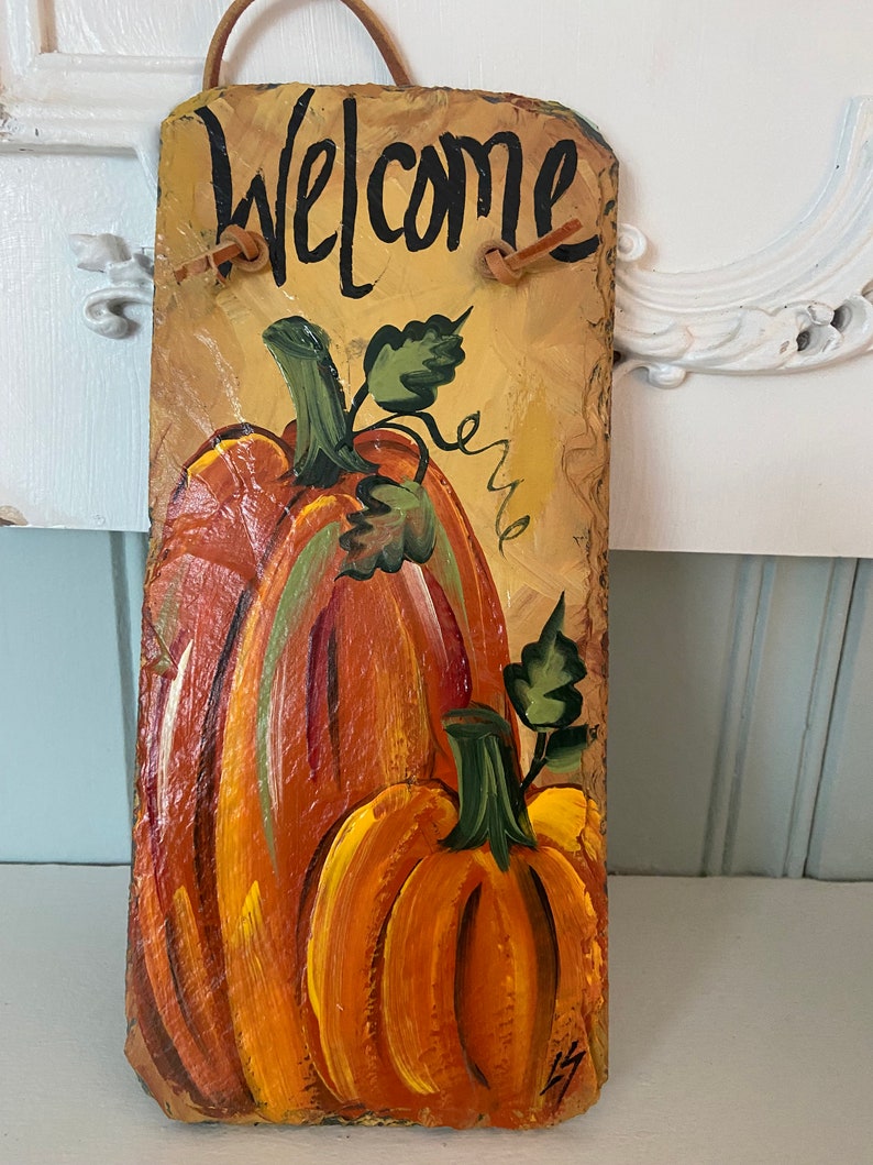 Painted Pumpkin Slate Sign Fall Welcome Plaque Painted Slate - Etsy