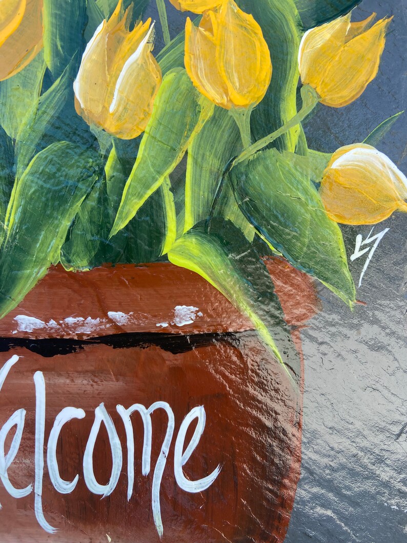 Spring Tulip Slate Sign Yellow Tulips Welcome Sign Easter - Etsy