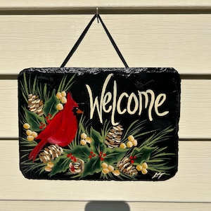 Hand Painted Slate Winter Sign, Welcome Plaque, Cardinal Slate Sign ...