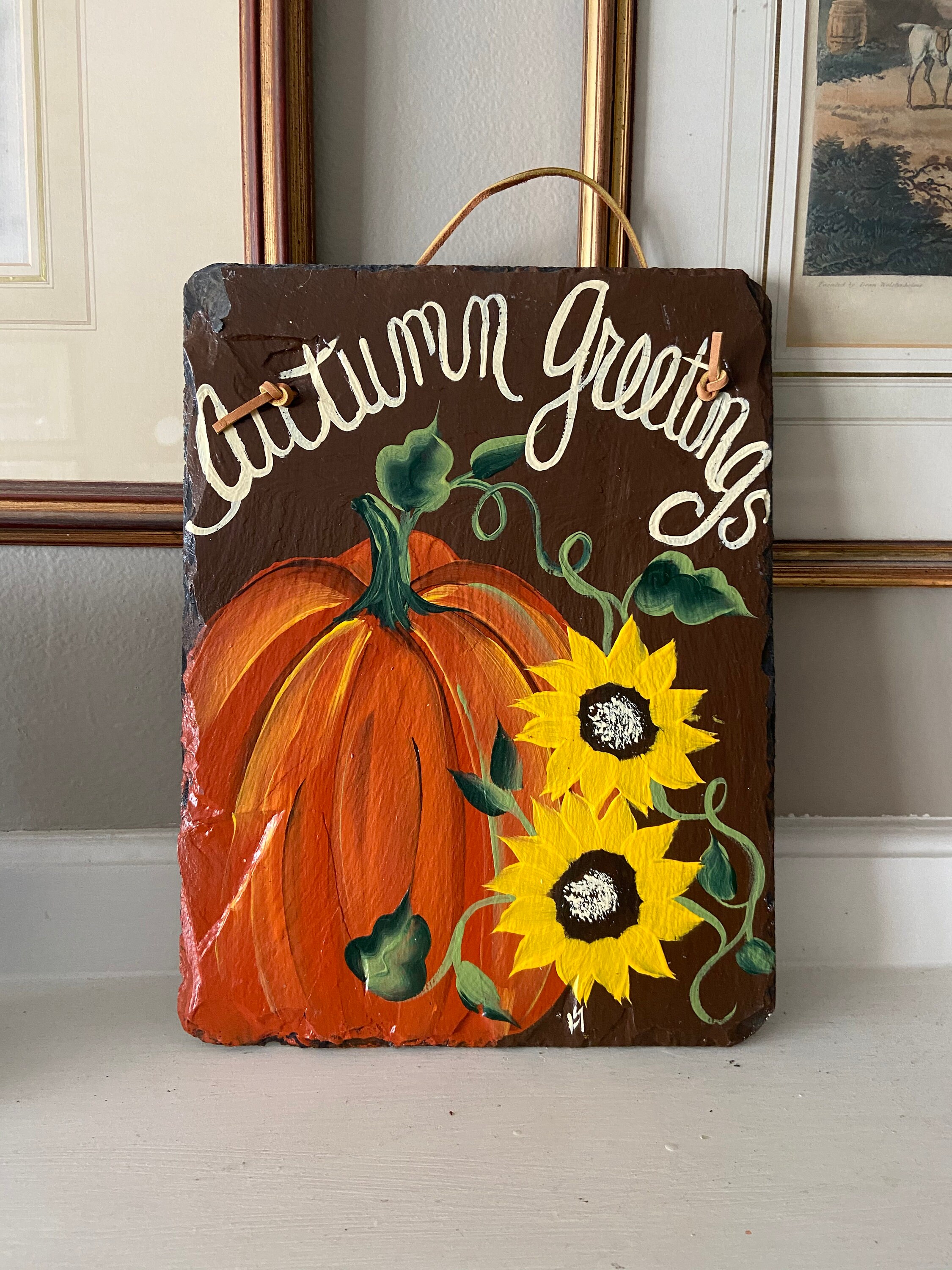 Painted slate tile, welcome plaque, door hanger, Pumpkin slate sign ...