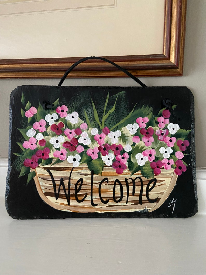 Painted Slate Welcome Sign Garden Slate Sign Floral Welcome - Etsy