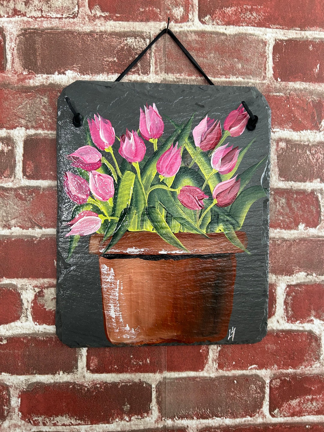 Spring Tulip Slate Sign, Pink Tulips Welcome Sign, Easter Door Hanger ...