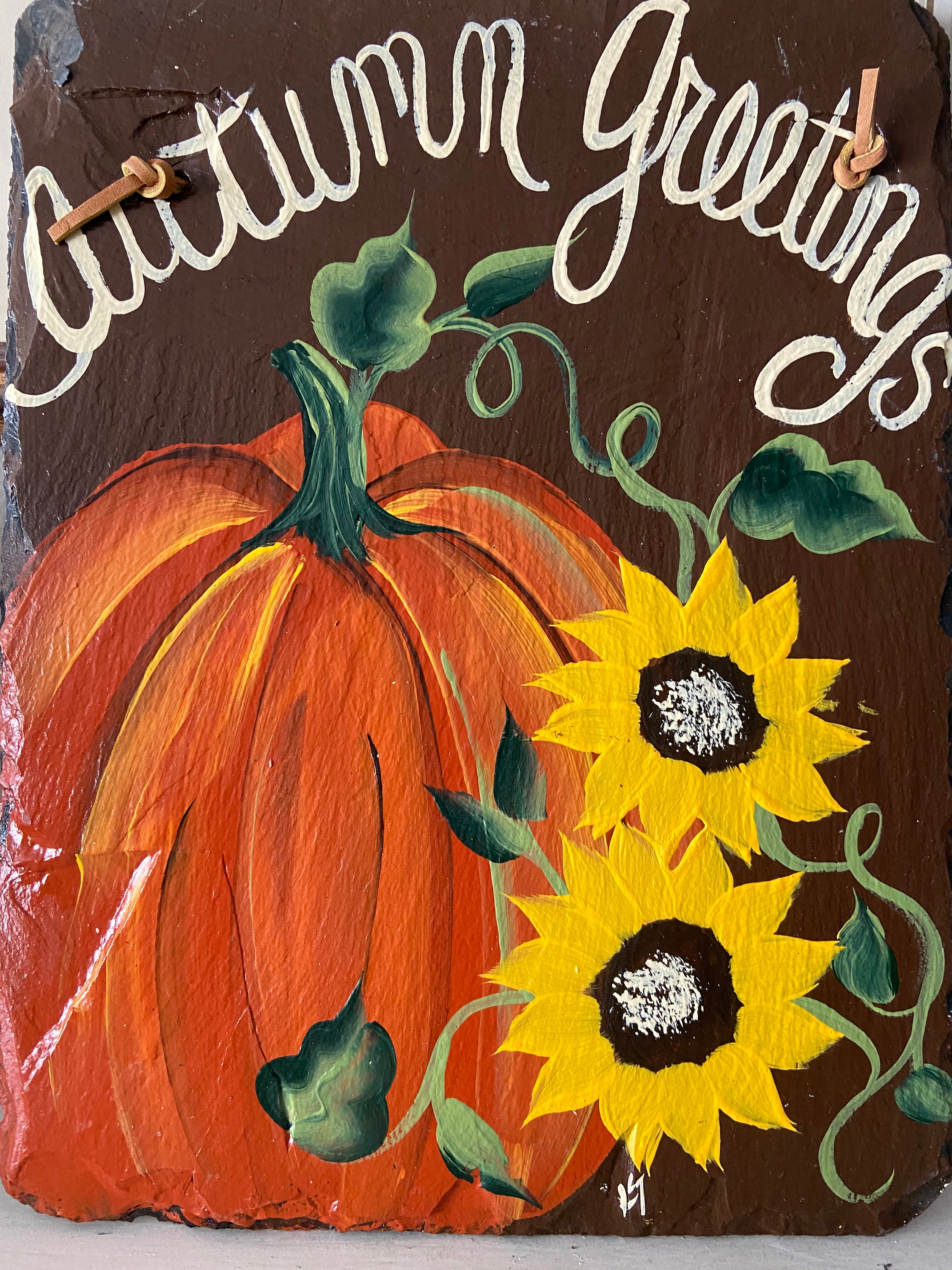 Painted slate tile, welcome plaque, door hanger, Pumpkin slate sign ...