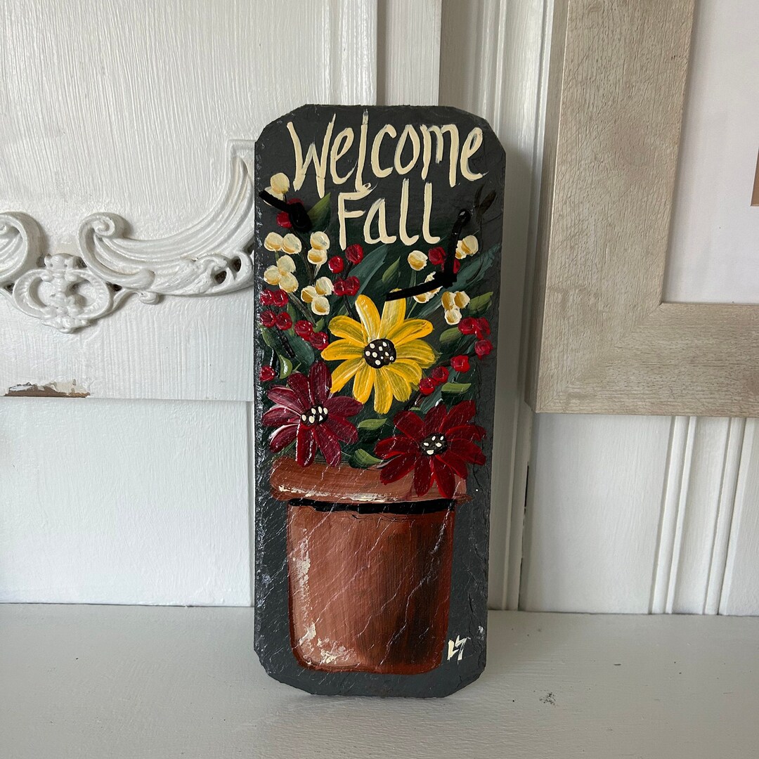 Hand Painted Fall Slate Welcome Sign, Fall Porch Decor, Fall Floral ...