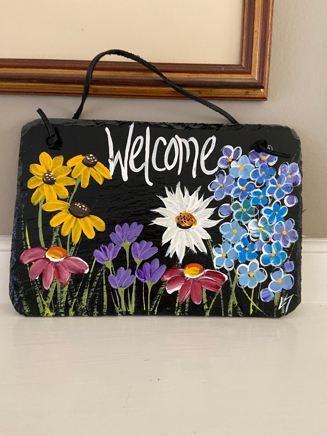 Painted Slate Welcome Sign, Garden Slate Sign, Floral Welcome Plaque ...