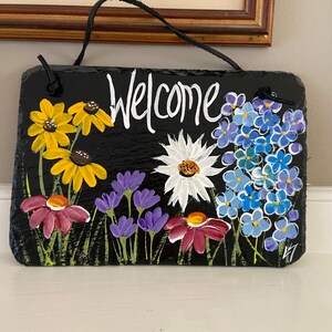 Painted Slate Welcome Sign, Garden Slate Sign, Floral Welcome Plaque ...