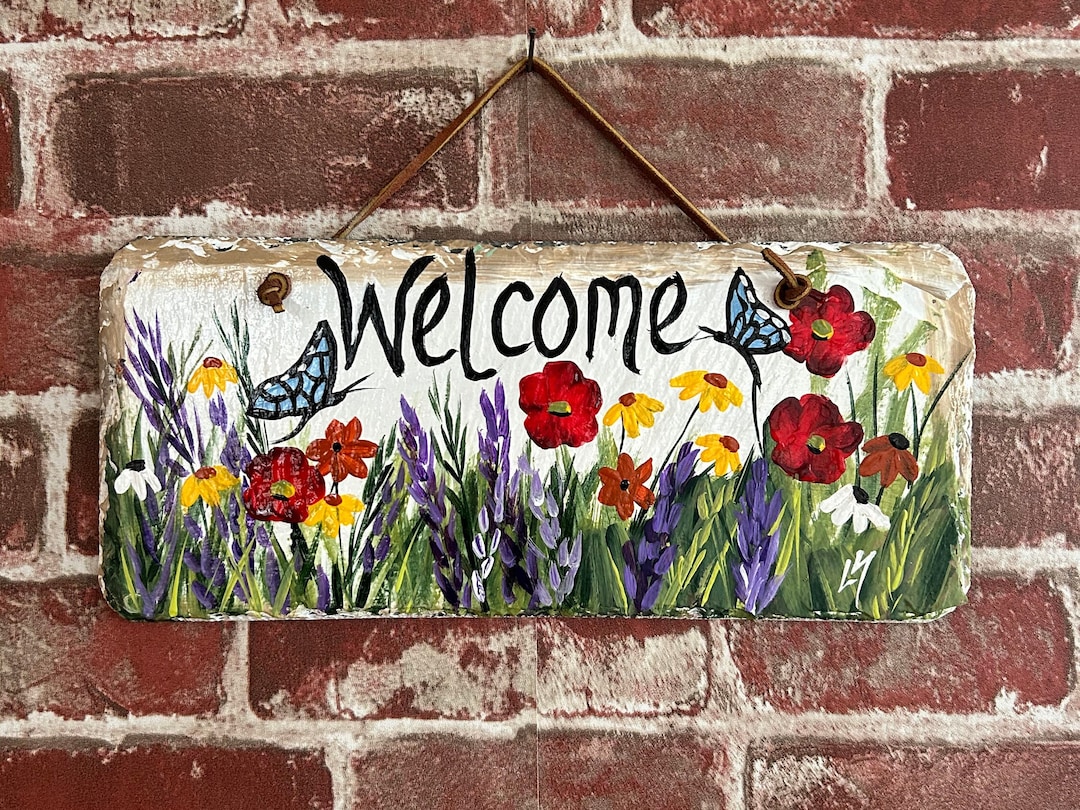 Painted Slate Welcome Sign, Personalized Garden Slate Sign, Floral ...