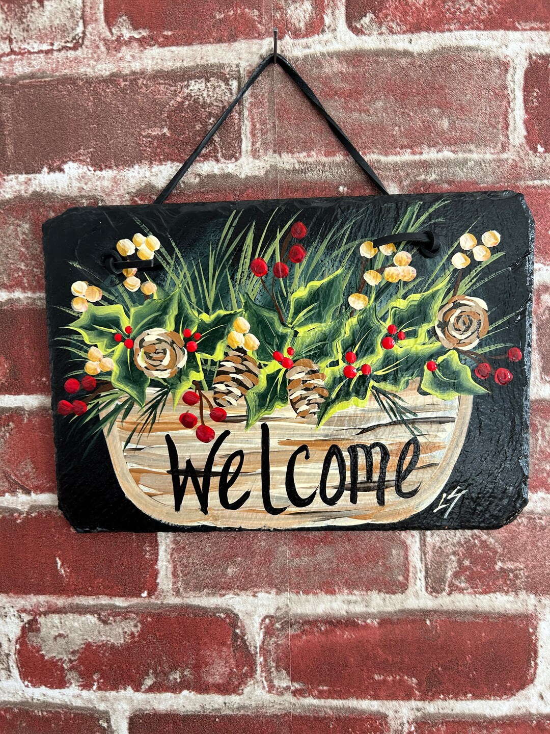 Painted Winter Welcome Slate Sign, Welcome Plaque, Holly Slate Sign ...