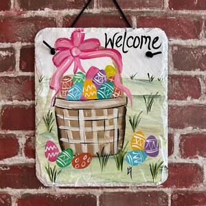 Easter Basket Welcome Sign, Easter Door Hanger, Easter Sign, Painted ...