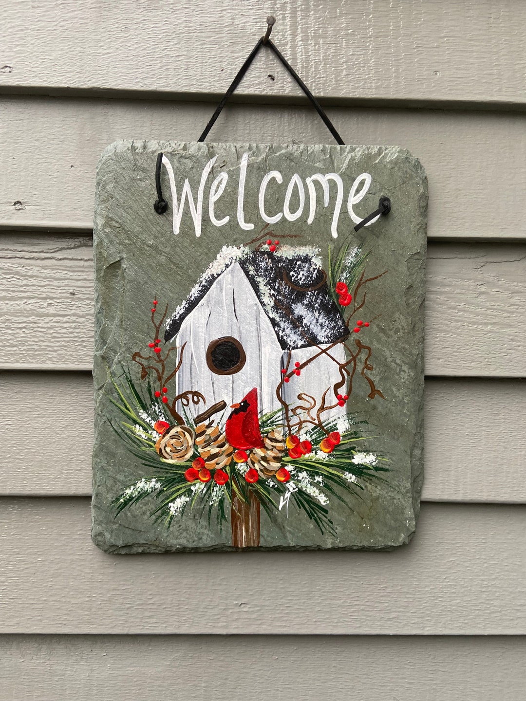 Painted Slate Sign, Winter Cardinal Birdhouse Welcome Sign, Slate Sign ...