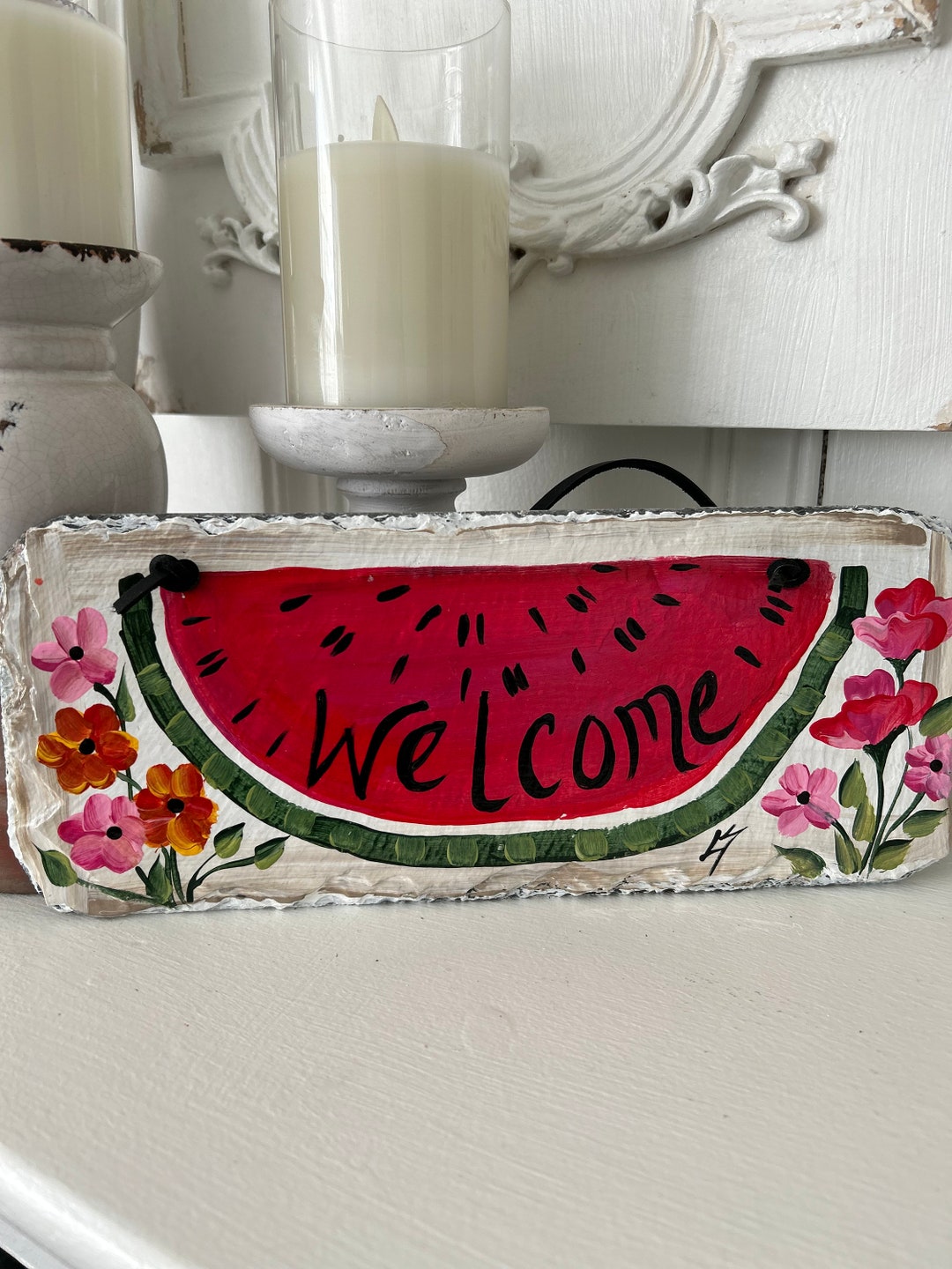 Painted Slate Welcome Sign, Summer Slate Sign, Watermelon Welcome ...