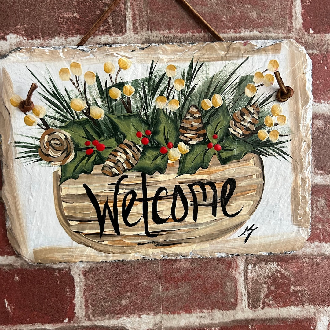 Painted Winter Welcome Slate Sign, Welcome Plaque, Holly Slate Sign ...