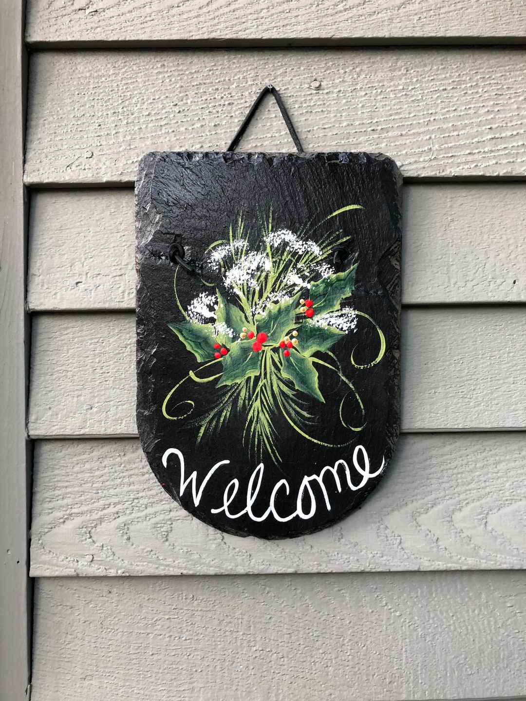 Winter Welcome Sign, Christmas Holly Front Door Decoration, Painted ...