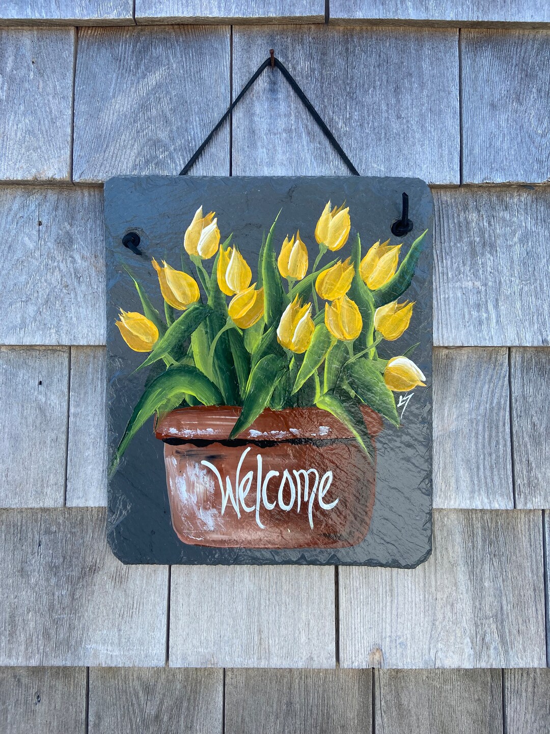 Spring Tulip Slate Sign, Yellow Tulips Welcome Sign, Easter Door Hanger ...