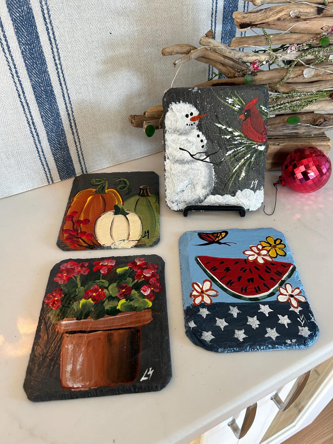 Hand Painted Slates ,four 6x5 Painted Slates for All Seasons , Table ...