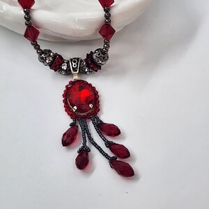 Victorian Gothic Necklace: Ruby Glass Pendant, Gunmetal & Crystal Beads ...