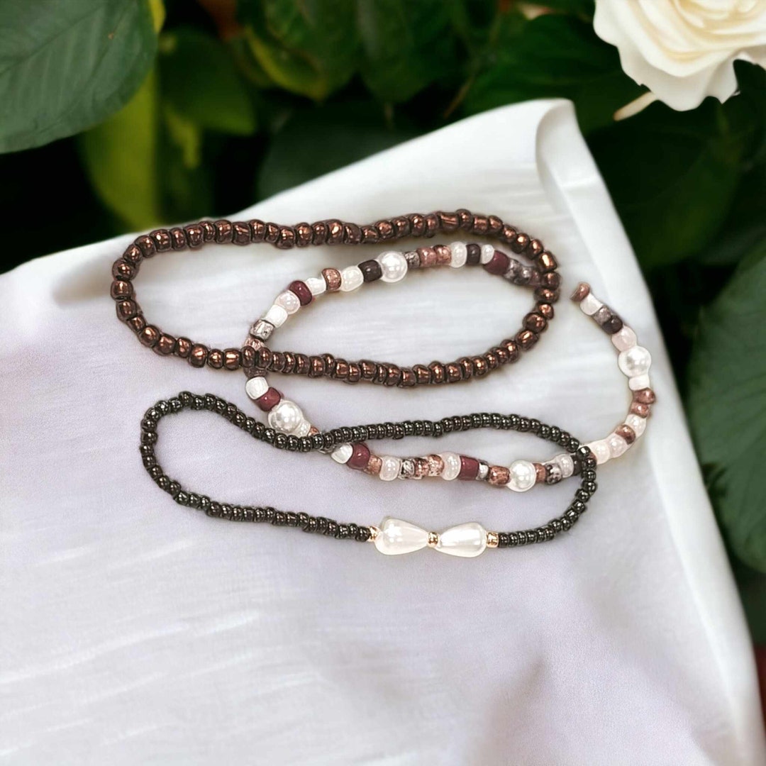 Matching Seed Bead Glass Pearl Stacking Bracelet Set Of 3 Minimal Earth Tone Simple Stretch