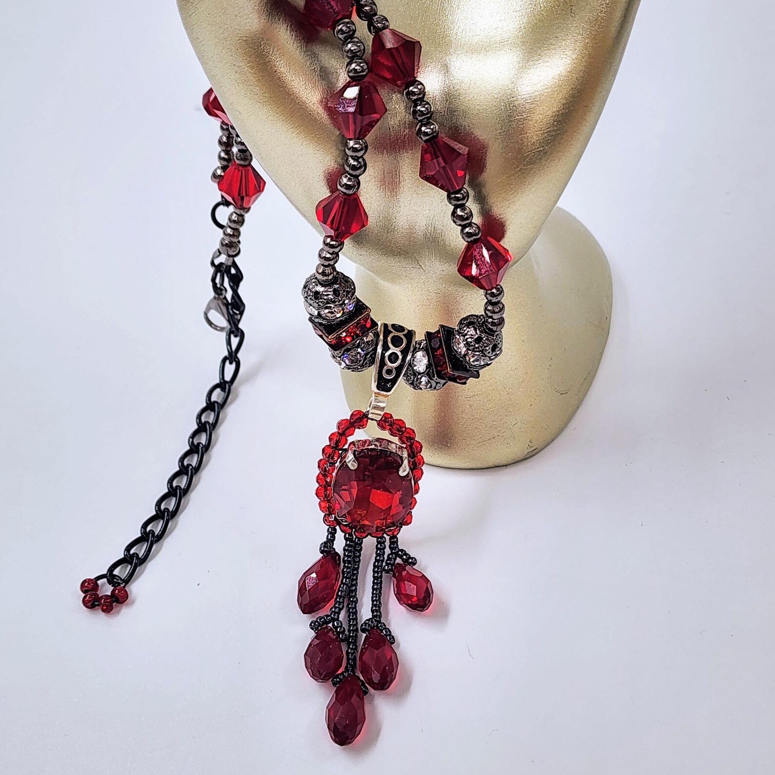 Victorian Gothic Necklace: Ruby Glass Pendant, Gunmetal & Crystal Beads ...