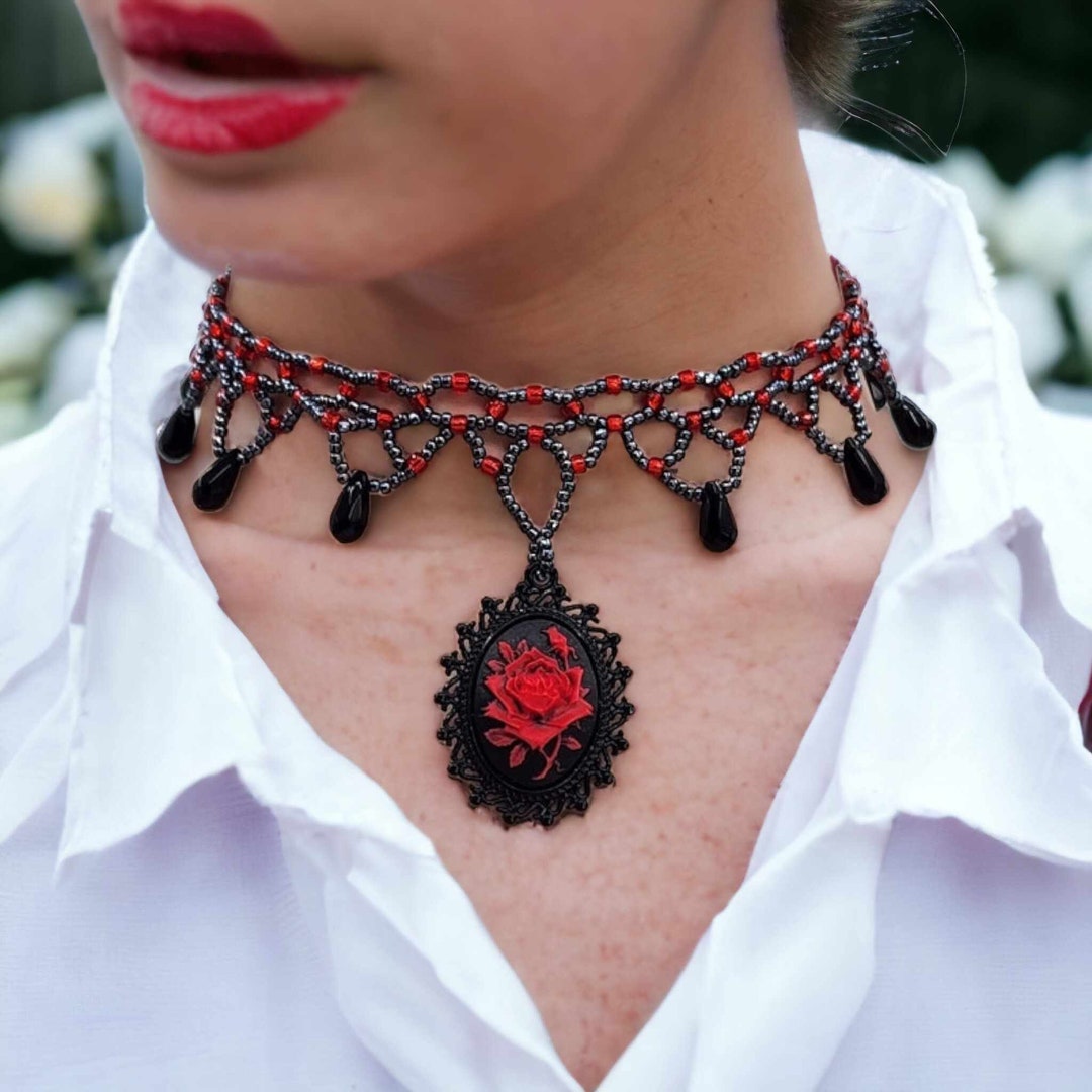 Gothic Red Rose Cameo Choker: Victorian Teardrop Necklace - Etsy