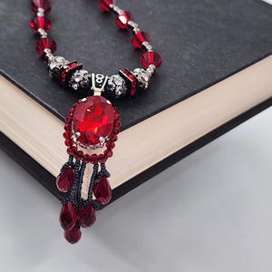 Victorian Gothic Necklace: Ruby Glass Pendant, Gunmetal & Crystal Beads ...