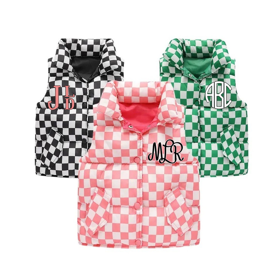 Kids Personalized Checkered Puffer Vest Youth Custom Monogram Checker ...