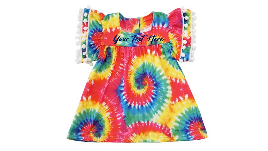 Girls Tie Dye Tunic With Pom Pom Sleeve Personalized Rainbow Spiral Tie