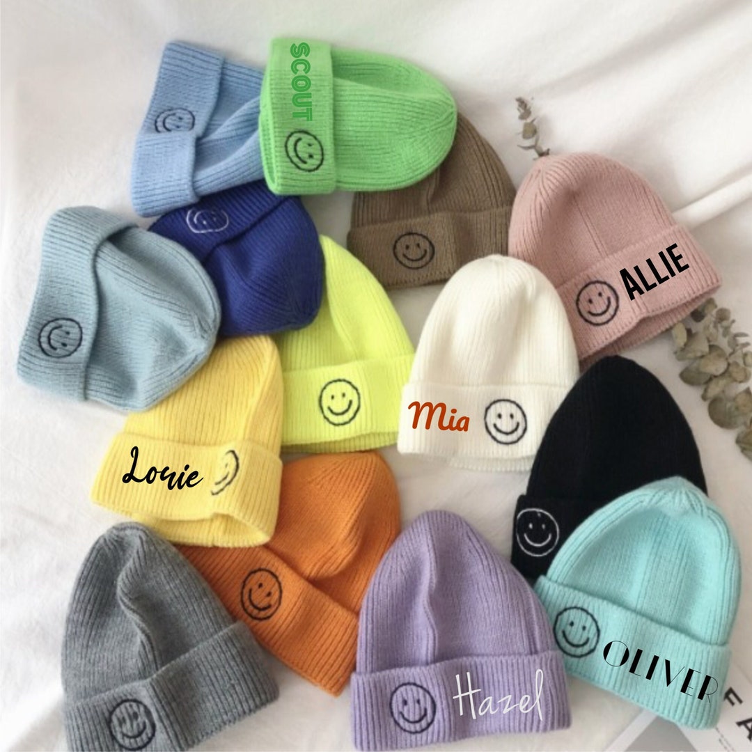 Kids Personalized Embroidered Happy Face Beanie Customized Smile Beanie ...