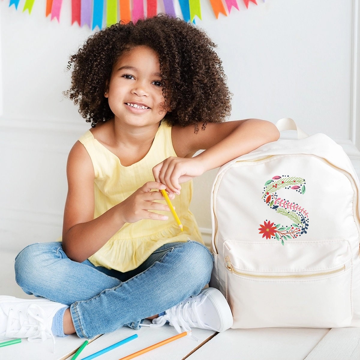 Kids Floral Monogram Backpack School Bag Teen Back to School Book Bag ...