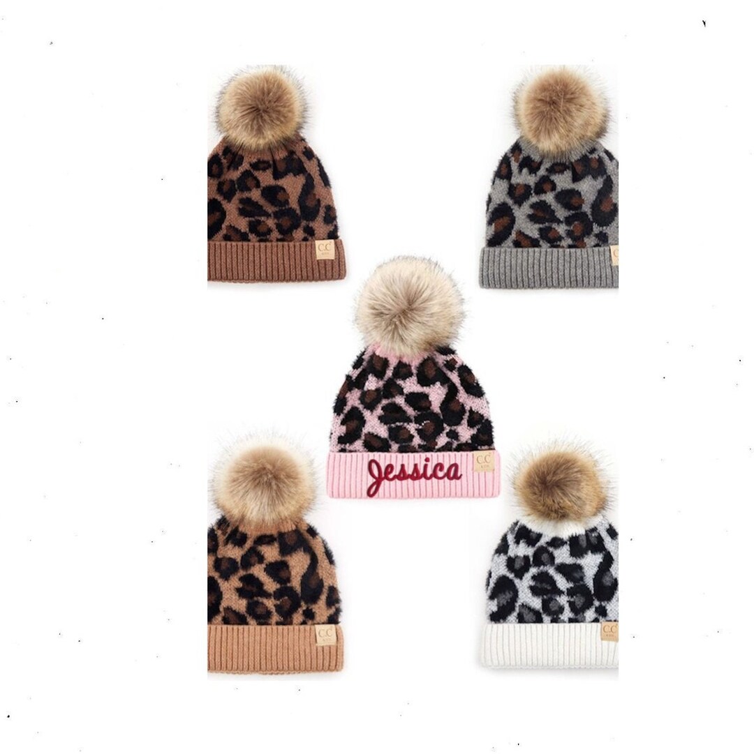 Embroidered Kids Leopard Print Beanie With Pom Pom Leopard Beanie ...
