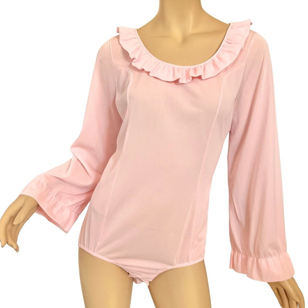 Vintage 70s Flair Bodysuit Pink Ruffle Scoop Neck Long Sleeve Women ...