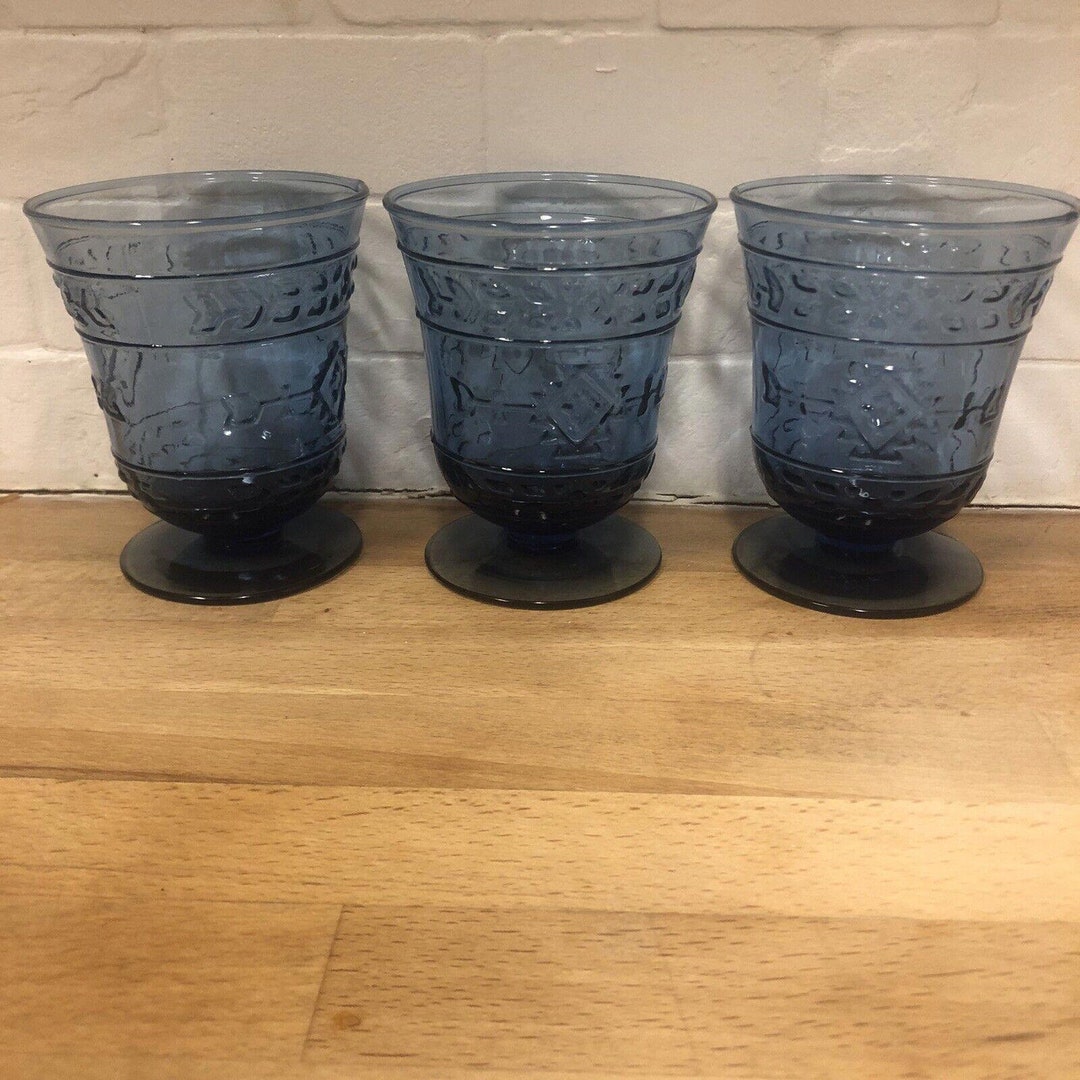 Set of 3 Cobalt Blue Aztec Pattern Drinking Goblets Ice Tea Glasses - Etsy