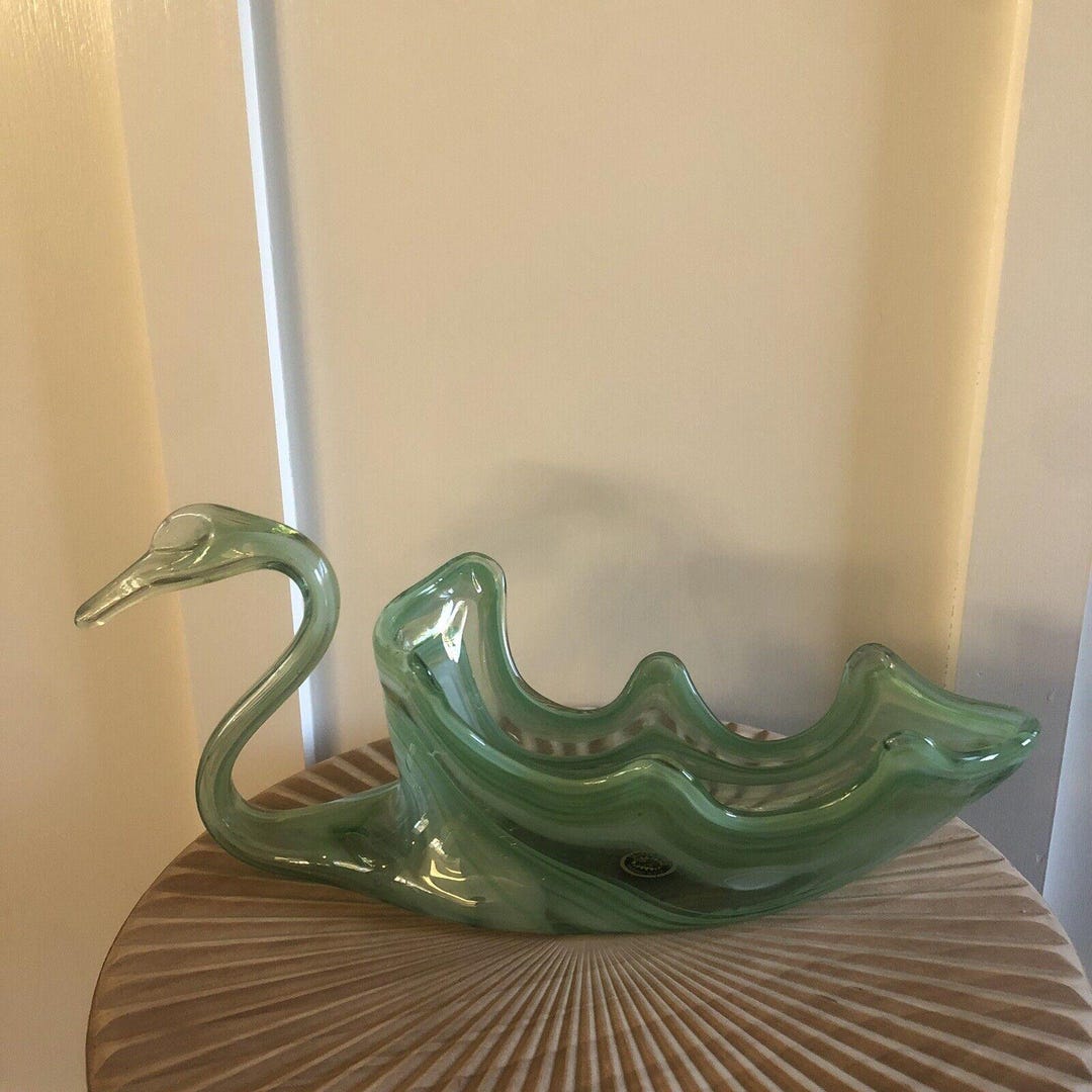 Vintage Hand Blown Sooner Art Glass Swan Bowl Green White Swirl MCM - Etsy