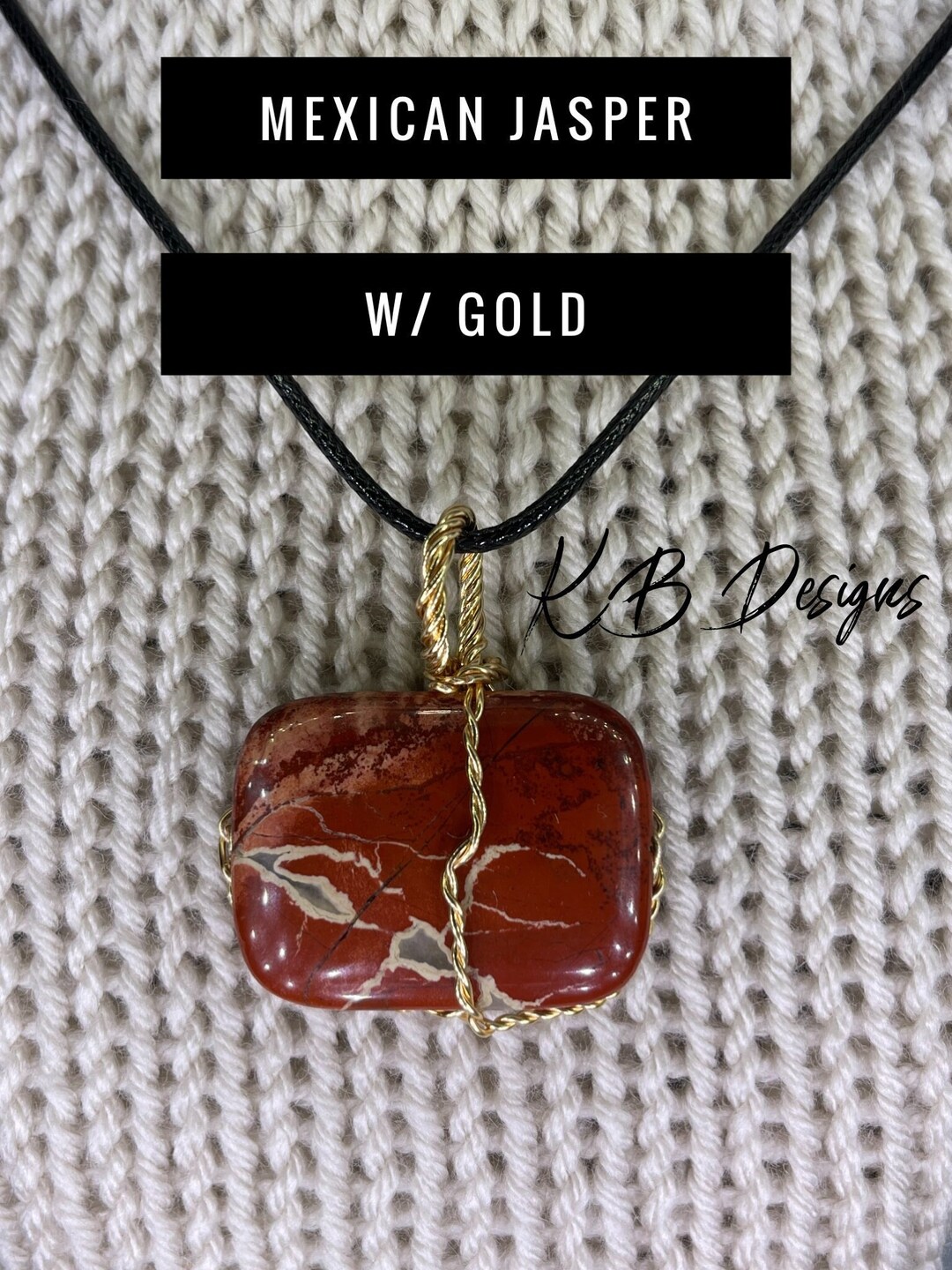 Mexican Jasper Pendant W/ Gold 1.5" - Wire Wrapped Stone Jewelry - Red ...