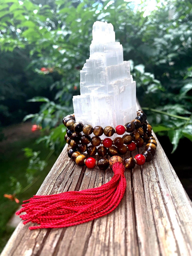 DALAI LAMA Tigers Eye Mala With Red Coral Markers tibetan Buddhist Japa ...