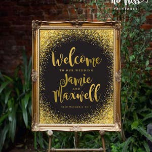 Printable Welcome Sign | Black and Gold Sparkling Party Welcome Sign ...