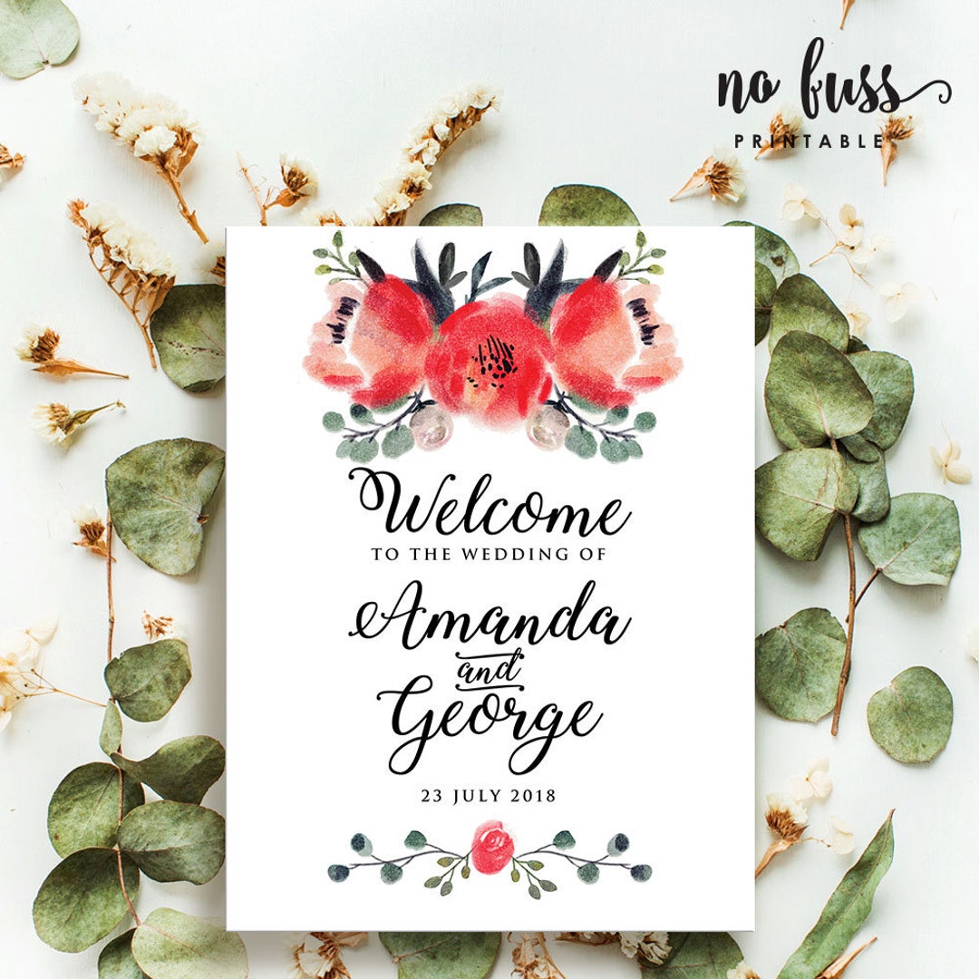 Printable Welcome Sign | Watercolor Red Flower Party Welcome Sign ...