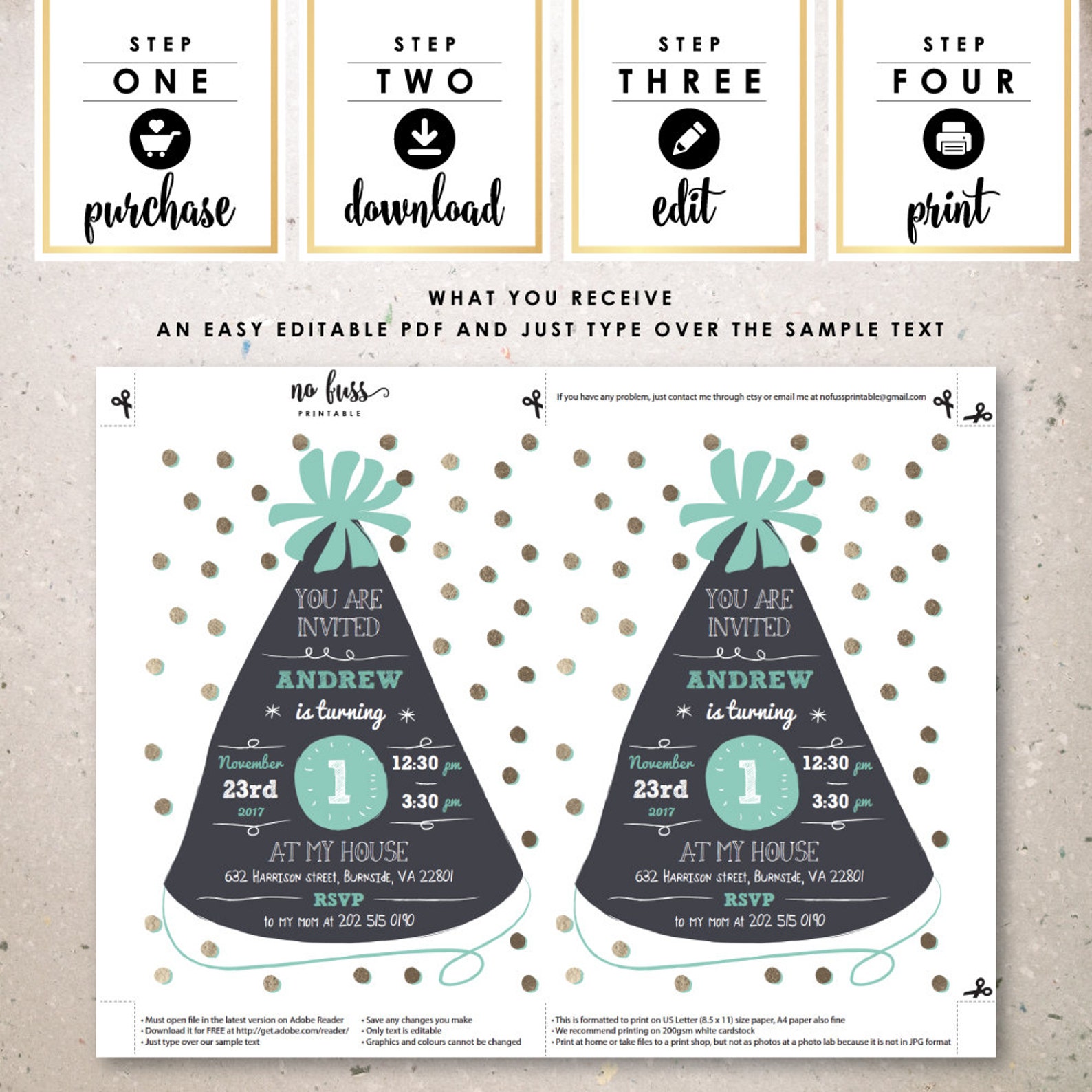 Party Hat Invitation Boy First Birthday 5x7 Editable - Etsy