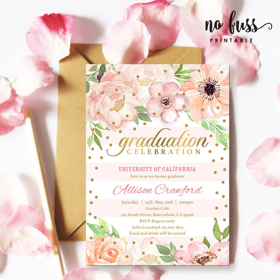 Floral Graduation Invitation 5x7 Editable PDF Instant - Etsy