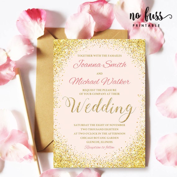 Pink and Gold Wedding Invitation 5x7 Editable PDF File | Etsy
