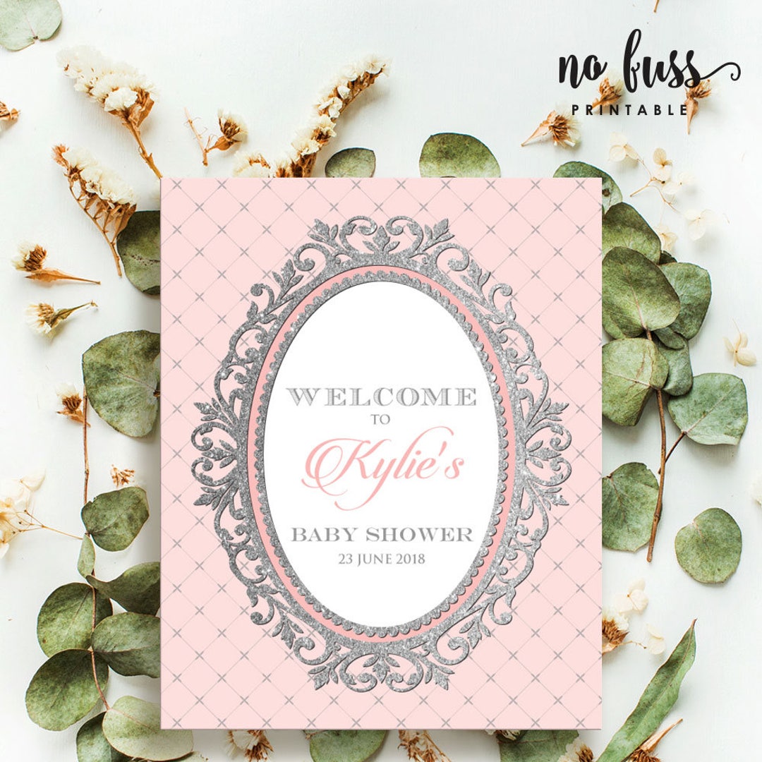Printable Welcome Sign | Pink and Silver Sparkling Party Welcome Sign ...