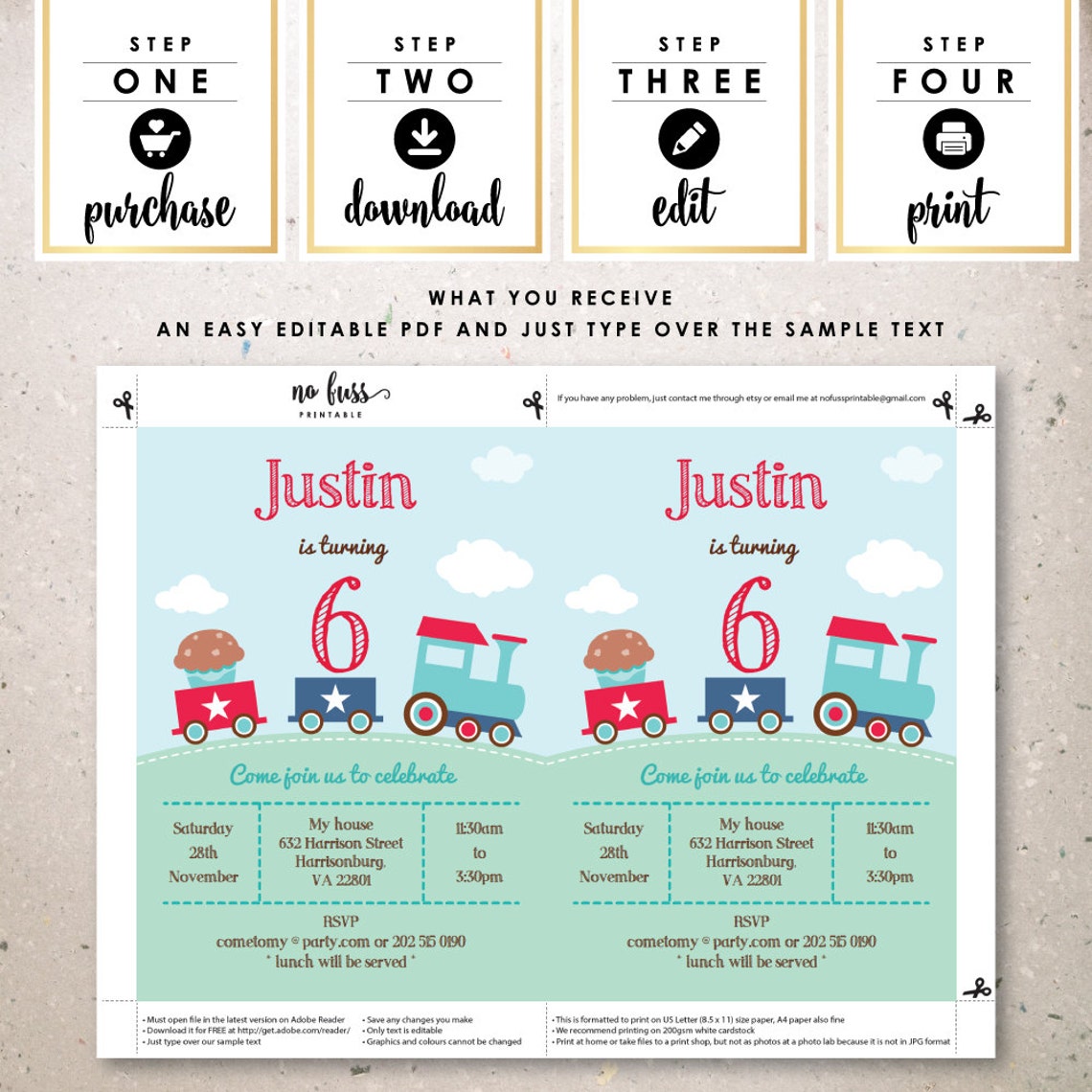 Train Invitation 5x7 Editable PDF File Instant Download - Etsy