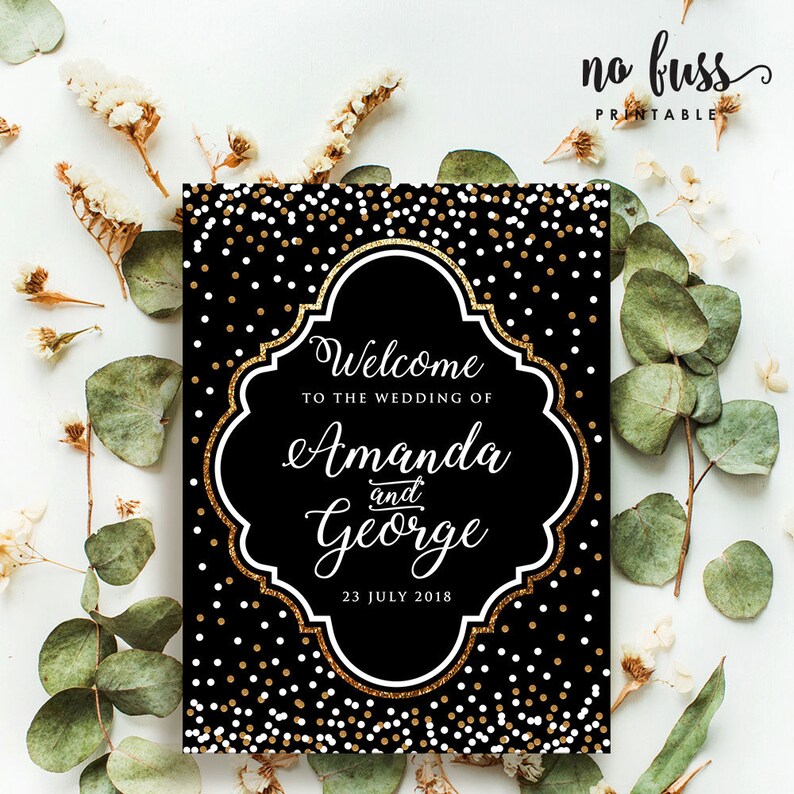 Printable Welcome Sign Black and Gold Sparkling Party - Etsy