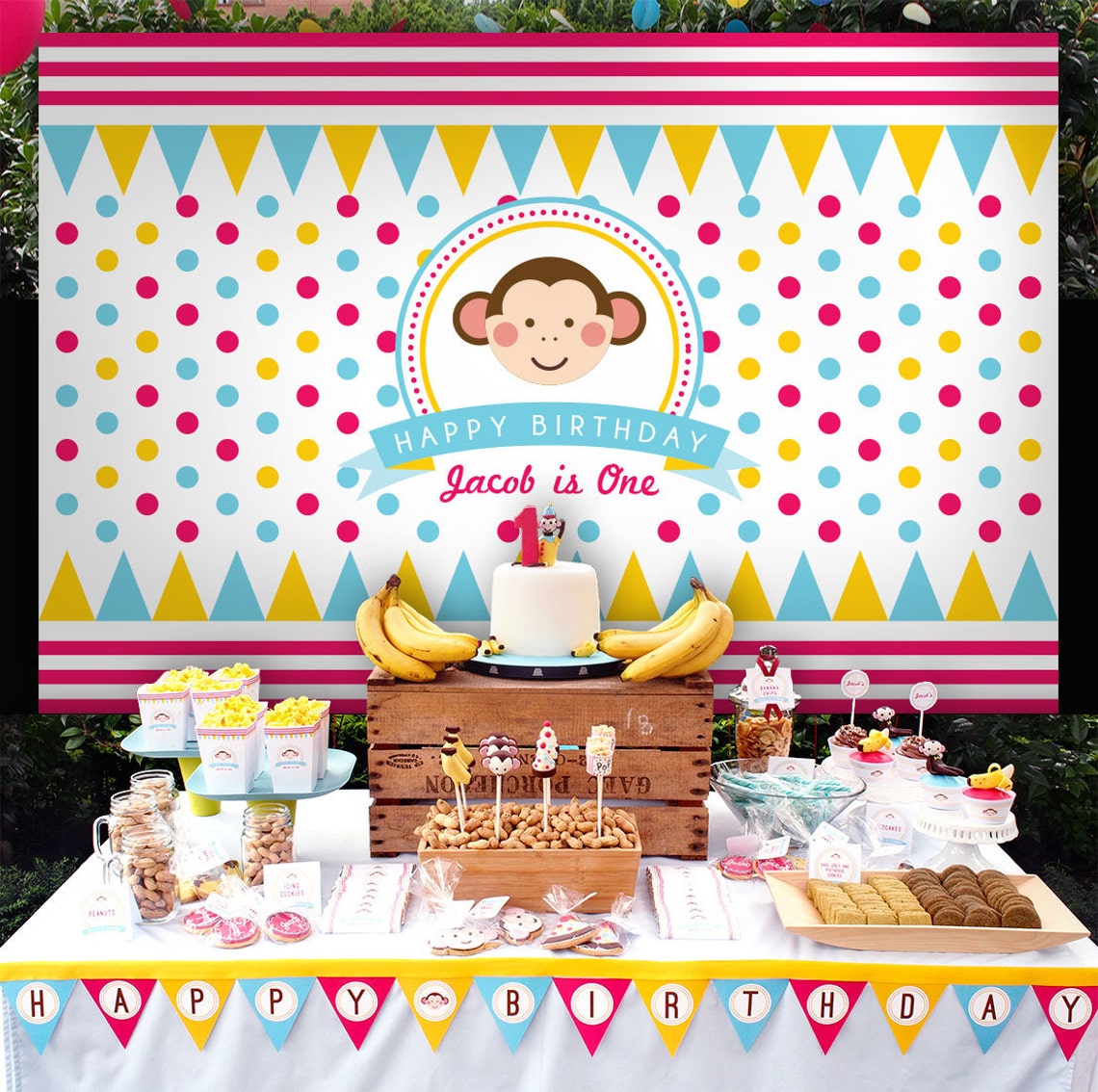 Happy Monkey Backdrop Baby Boy Party Banner Poster - Etsy