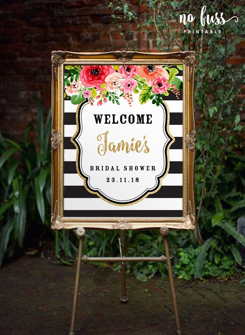 Printable Welcome Sign Black and Gold Stripe Flower Party - Etsy