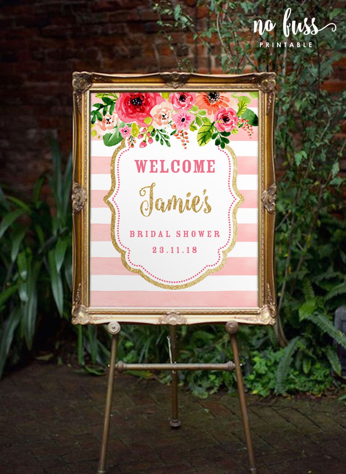Printable Welcome Sign Pink and Gold Stripe Floral Party - Etsy