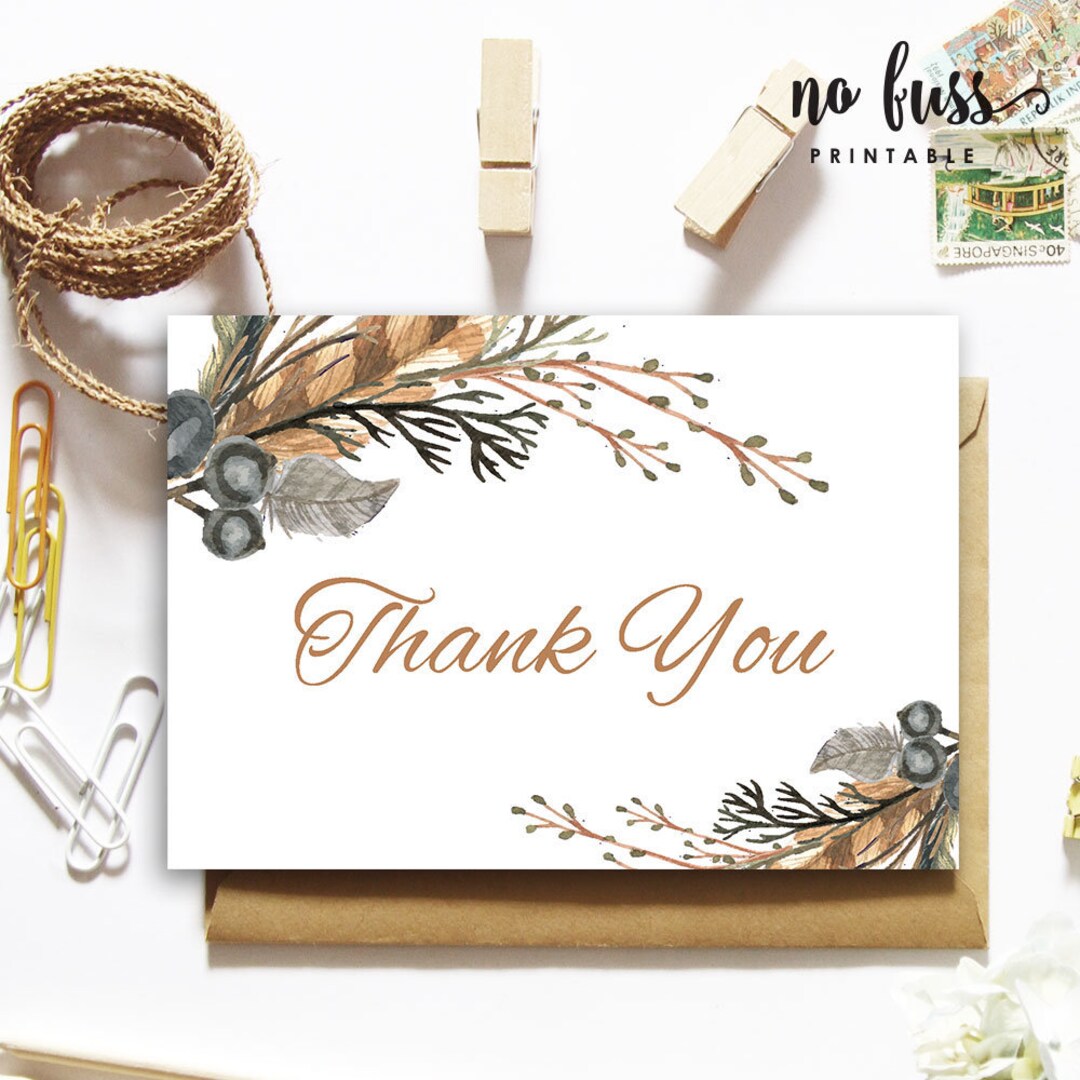 Watercolor Feather Thank You Card Boho Feather Printable Instant ...