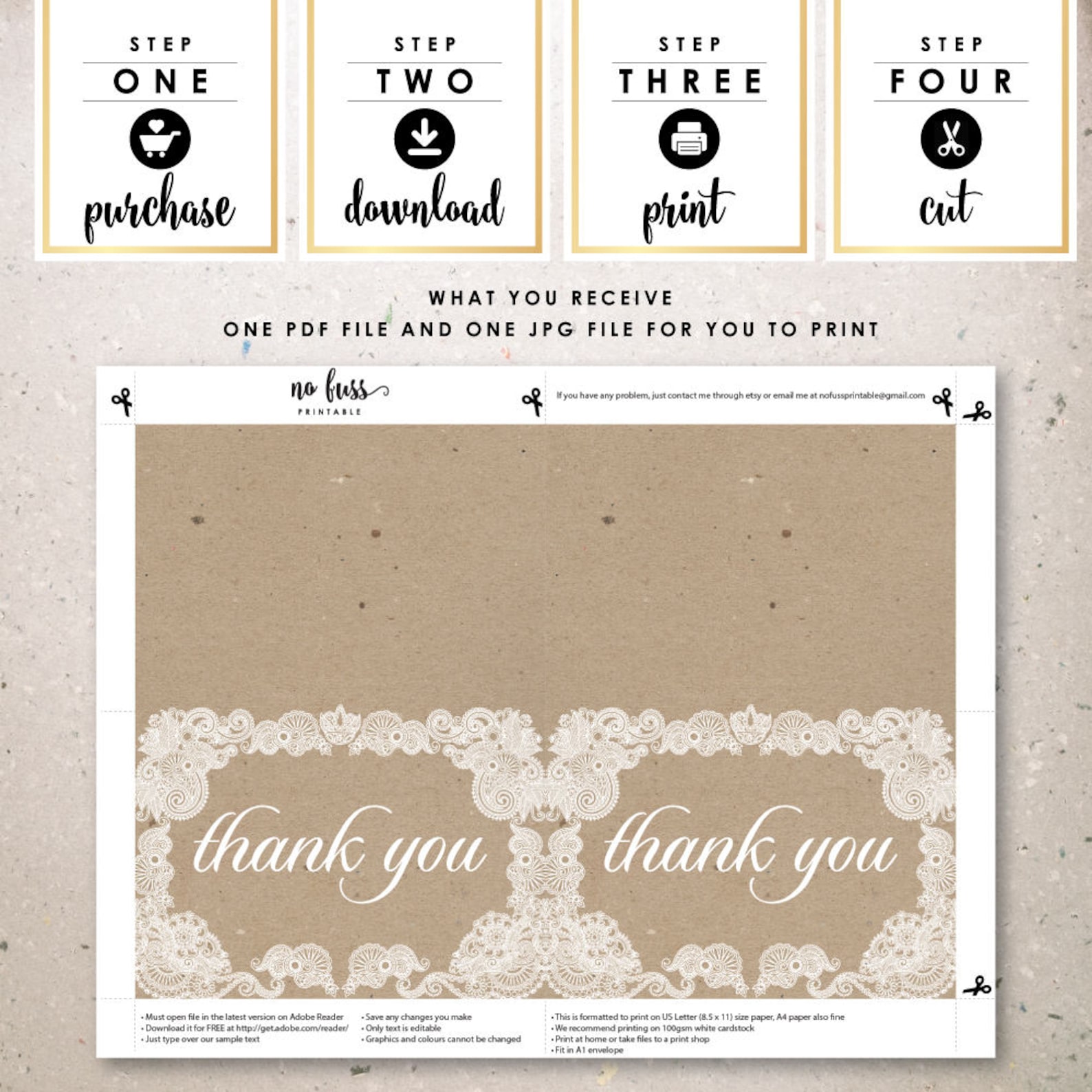 Lace Thank You Card Rustic Printable Instant Download - Etsy