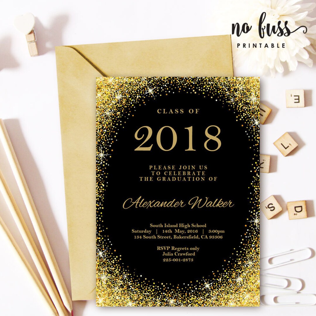 Gold Glitter and Black Graduation Invitation 5x7 Editable PDF Instant ...
