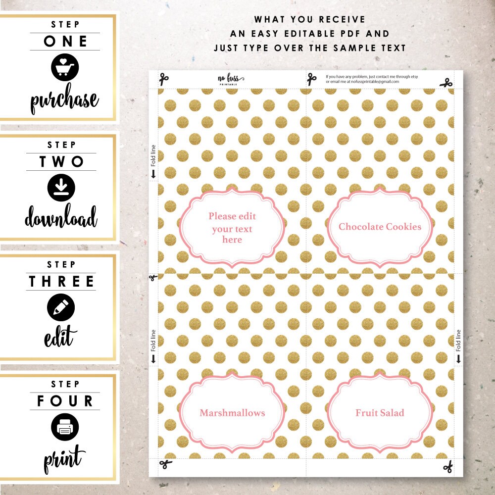 Pink and Gold Food Label Tents Card Editable PDF File | Etsy