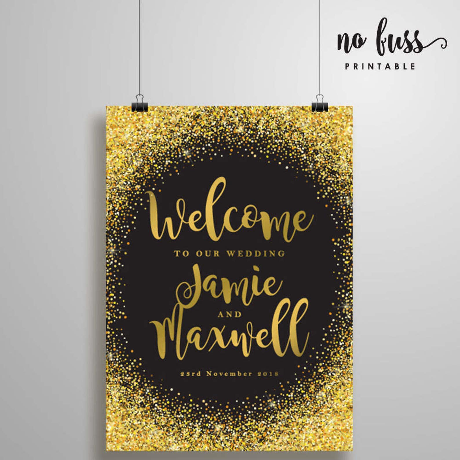 Printable Welcome Sign Black and Gold Sparkling Party - Etsy